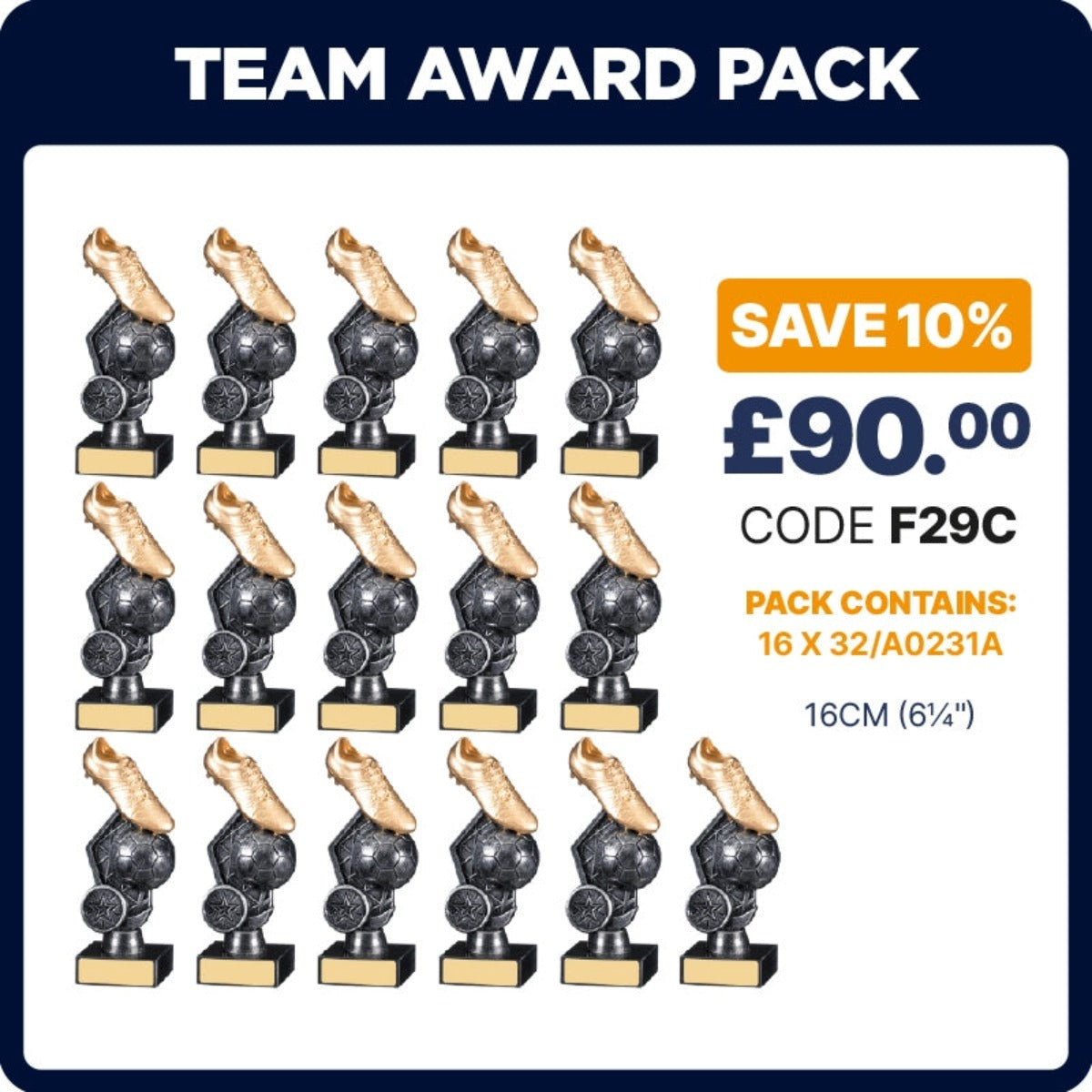 Football Gold Boot Trophy Team Awards in Black and Gold - Pack of 16 ...